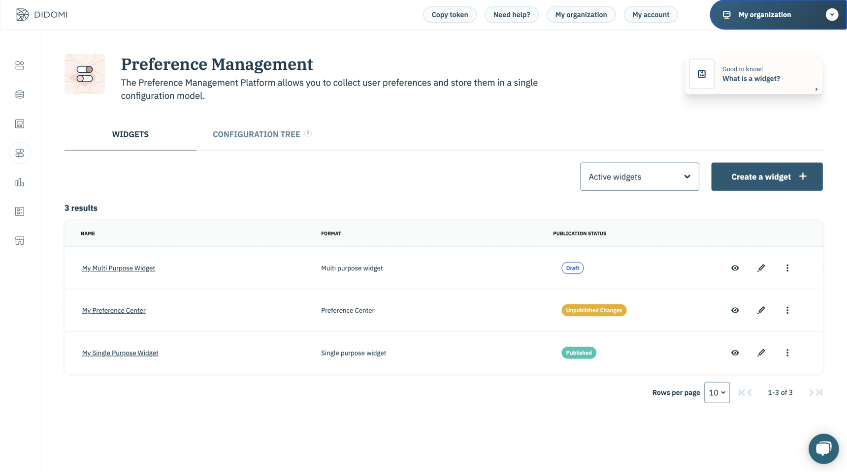 Manage my Preference widgets